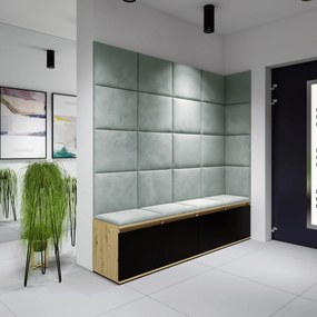 Eka Předsíňová stěna s čalouněnými panely Trinity 3 - Dub Artisan s černou / Světlá zelená 2321