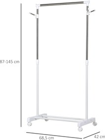 HOMCOM Standardní závěsný stojan na oblečení s nastavitelnou výškou a spodní policí na kolečkách, nerezová ocel 68,5x42x87-145 cm Bílá Stříbrná