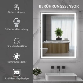 HOMCOM Koupelnové zrcadlo s osvětlením 90x70 cm LED zrcadlo Nástěnné zrcadlo s paměťovou funkcí 3 barvy světla Stříbrná