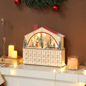 HOMCOM Adventní kalendář k naplnění 24 zásuvky přihrádky, vánoční kalendář s LED světly, přírodní dřevo, 36 x 10 x 34 cm