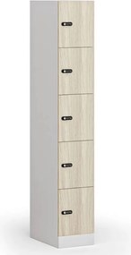 Šatní skříňka S1 s úložnými boxy, 5 boxů, 1850 x 300 x 500 mm, mechanický kódový zámek, laminované dveře, dub přírodní