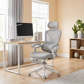 HOMCOM Kancelářská židle, ergonomická židle k psacímu stolu s opěrkou nohou, houpací funkcí, opěrkami rukou, síťovina, šedá