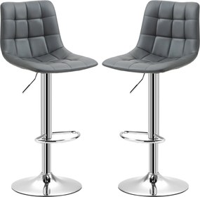 HOMCOM Sada 2 barových židlí z imitace kůže s opěradlem, otočné kuchyňské a obývací židle s opěrkou nohou, 42x45x89-110cm, Šedé