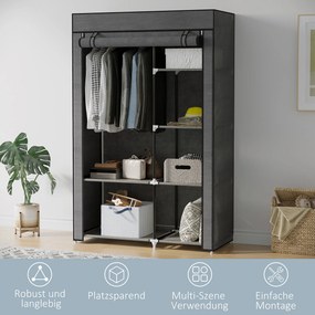 HOMCOM Textilní Šatní Skříň s 6 Policemi, Šatní Tyč, Zipová Skříň do Předsíně a Ložnice, 103 x 43 x 162,5 cm, Tmavě šedá