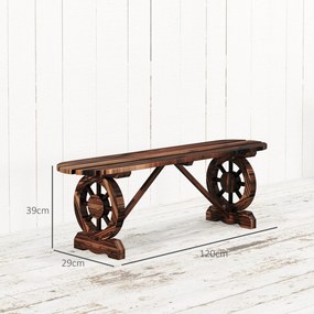 Outsunny Dvousedací Zahradní Lavice Dřevěná Lavice se 2 Dekorativními Koly Rustikální Styl Nosnost 200 kg pro Patio Terasu 120x29x39 cm Spálená