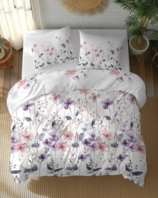 Detexpol Bavlněné povlečení 220x200 bílé s růžovými a fialovými květy – 5773 B – Cotton Bloom