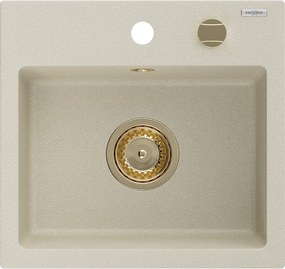Mexen Milo granitový dřez 1-komorový 435 x 410 mm, béžový, sifon zlatý - 6505441000-69-G