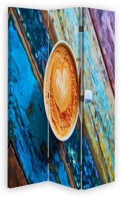 Ozdobný paraván Šálky na kávu Retro Wood - 110x170 cm, třídílný, klasický paraván