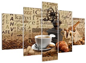 Obraz kávy, mlýnku a croissantů (150x105 cm)