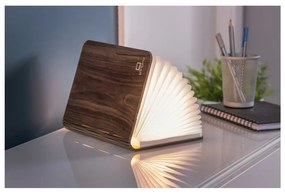 Tmavě hnědá malá LED stolní lampa ve tvaru knihy z ořechového dřeva Gingko Booklight
