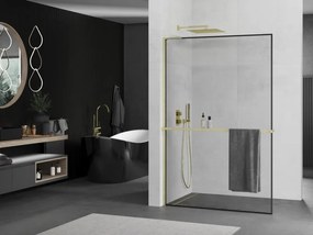 Mexen Kioto+ L, sprchová zástěna Walk-In s poličkou a věšákem 100 x 200 cm, 8mm čiré sklo černý vzor, ​​zlatý matný profil, 800-100-123-55-70