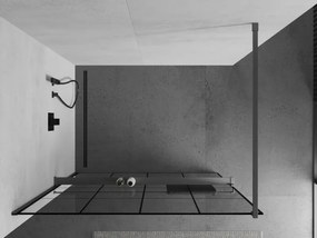 Mexen Kioto+, sprchová zástěna Walk-In s poličkou a věšákem 140 x 200 cm, 8mm čiré sklo černý vzor, ​​grafitový profil, 800-140-121-95-77