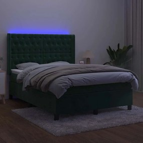 Box spring postel s matrací a LED tmavě zelená 140x200 cm samet 3139748