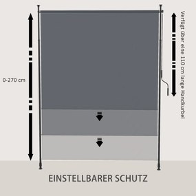 Boční markýza, montáž bez vrtání, výškově nastavitelná, s ruční klikou, kovový rám, šedá, 2 x 2,15-3,05 m