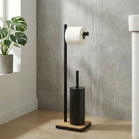 WC štětka s držákem na toaletní papír a bambusovou podložkou IVLO, 65 cm – černá