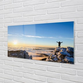 akrylový obraz Mountain muž mraky východ 125x50 cm