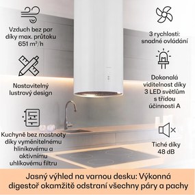 Klarstein Bolea, digestoř, 38 cm, ostrůvková, 651 m³/h, LED, filtry s aktivním uhlím, nerezová ocel