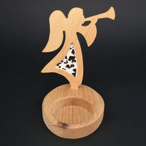 AMADEA Dřevěný svícen anděl s trumpetou s vkladem, masivní dřevo, 10x7,5x1,5 cm