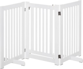 PawHut Dřevěná Psí Brána 155x76 cm Skládací Plot 3 Panely s 1 Dveřmi a Podpůrnými Nohy pro Chodbu a Schodiště Bílá | Aosom