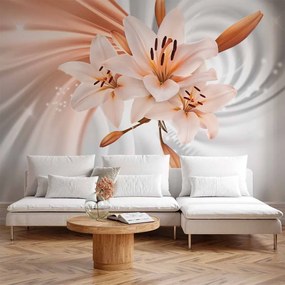 Fototapeta Oranžová abstrakce - bílé květy lilie na pozadí s efektem víru