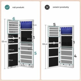 Nástěnná šperkovnice se zrcadlem JEWELIA s LED osvětlením, 10x37x120 cm, bílá SongmicsHome