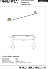 Bemeta Design RETRO gold-chrom: Držák ručníků, 600 mm -