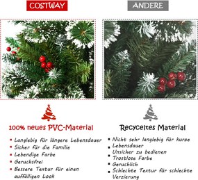 Costway 150 cm Umělý vánoční stromek se sněhovými vločkami, červenými bobulemi