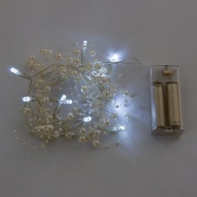LED světýlka na baterie, bílé perly, 1,3 m, ledově bílá, 10 diod, IP20 interiér, 2 × AA
