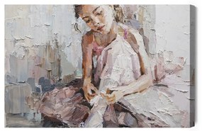 Obraz Little Ballerina With Curly Hair Sits And Fastens Pointe Shoes . Oil Painting, Palette Knife Technique And Brush. Nedostatek Nedostatek Přírodní plátno 30x20