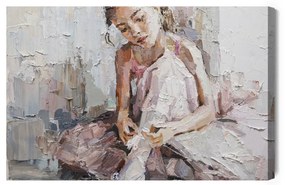 Obraz Little Ballerina With Curly Hair Sits And Fastens Pointe Shoes . Oil Painting, Palette Knife Technique And Brush. Nedostatek Nedostatek Přírodní plátno 90x60