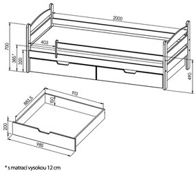 Dětská postel z MASIVU 200x90cm SE ŠUPLÍKY - MARY