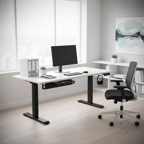 Výškově nastavitelný stůl OfficeTech C, 160 x 80 cm, černá podnož, bílý jasan