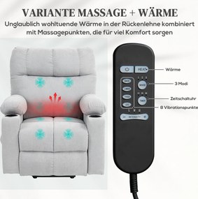 HOMCOM Křeslo pro seniory se stojanem, elektrické, se 3 režimy, 8 masážními body, vyhřívání, pěnové, 91 x 95 x 109 cm, světle šedé| Aosom
