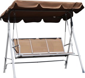Závěsné křeslo Outsunny pro 3 osoby s nastavitelnou stříškou, prodyšné opěradlo a kovový rám na terasu, balkon, nosnost 240 kg, 171x108x154 cm, hnědé