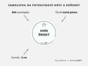 KMÍN ŘÍMSKÝ - omyvatelná samolepka na kořenky, výběr rozměrů Ø 5 cm / 5 x 5 cm / 6 x 8 cm | DomaLEP tvar: KOLEČKO, barva: BÍLÁ - ČERNÉ písmo, velikost: Ø 5 cm - tučné písmo