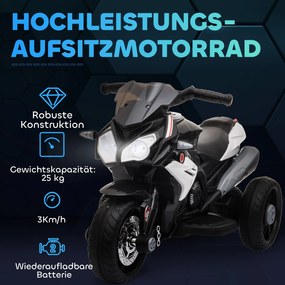 HOMCOM Dětská elektrická tříkolka Trimoto pro děti od 3 let s dobíjecí 6V baterií, hudebním klaksonem a světlomety 86x42x52 cm Černobílá