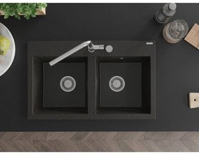 Mexen Hektor, 2-komorový granitový dřez 800x480x205 mm, černá-zlatá metalíza, chromový sifon, 6521802000-75