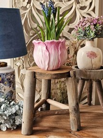 Hnědý dekorační květinový dřevěný kulatý stolek - Ø 18*21 cm