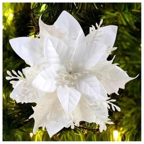 Flamenco Mystique Květina na stromeček s klipem vánoce xxl 14 cm bílý třpyt woz04b