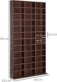 HOMCOM CD/DVD regál pro uložení 1116 CD, 36 výškově nastavitelné přihrádky, 102 x 24 x 195 cm, hnědý