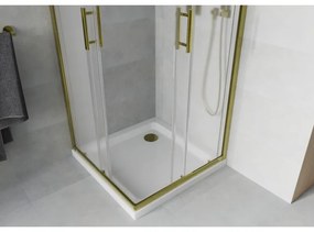 Mexen Rio, čtvercový sprchový kout s posuvnými dveřmi 70 (dveře) x 70 (dveře) x 190 cm, 5mm sklo námraza, zlatý profil + bílá sprchová vanička SLIM, 860-070-070-50-30-4010G