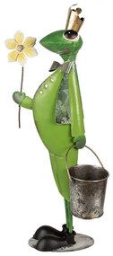 Kovová zelená dekorativní figurka žabák s kbelíkem - 29*15*67 cm