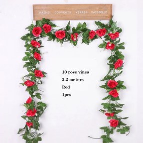 Umělá květina - pnoucí růže (220 cm, 10 květů) Barva: Červená 1