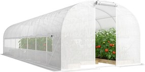 Outsunny tunelový skleník 24 m² — pozinkovaný ocelový rám, rolovací dveře a 2 velká síťovaná okna, plachta 140 g/m², bílá | Aosom