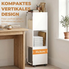 HOMCOM pojízdná kartotéka s 3 otevřenými policemi a policí na tiskárnu — bílá, 33,5 × 33,5 × 111 cm