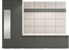 Předsíňová stěna Trinity 9 s čalouněnými panely, 290 cm, grafit/ krémově bílá