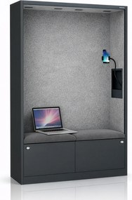 Kancelářská akustická kabina se sedátkem a USB-C portem, korpus antracitový / sedák šedá, 1150 mm: SALLY MentalBox