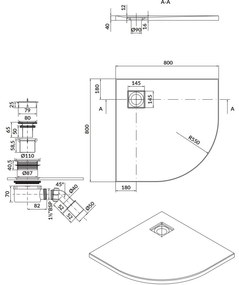 Cersanit Tako Slim, čtvrtkruhová sprchová vanička 80x80x4 cm + bílý sifon, bílá matná, S932-155
