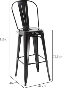 HOMCOM Sada 4 Stackable Barových Židlí Průmyslové Barové Křeslo s Opěrkou a Podnožkou, Výška Sedáku 76 cm, Černý Kov