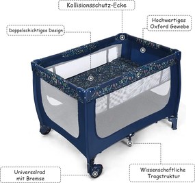 Costway 2 v 1 Cestovní postýlka a ohrádka – 125 × 65 × 76 cm, modrý
